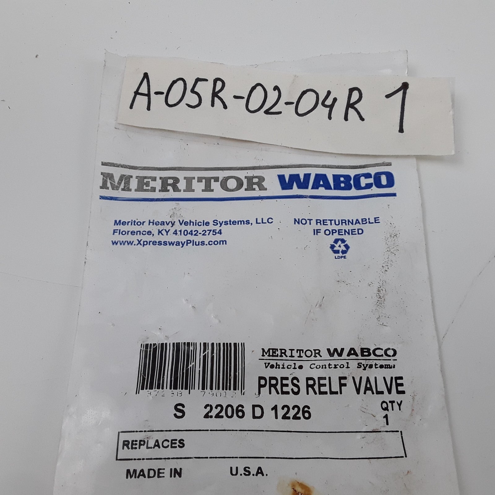 Meritor S2206D1226 Air Brake Dryer Safety Valve 3/8" NPTF Thread 40.9